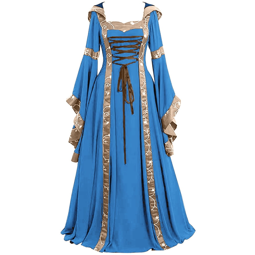 2025 New Fashion Medieval Retro Hooded Lace-Up Flared Sleeve Long Dress ...