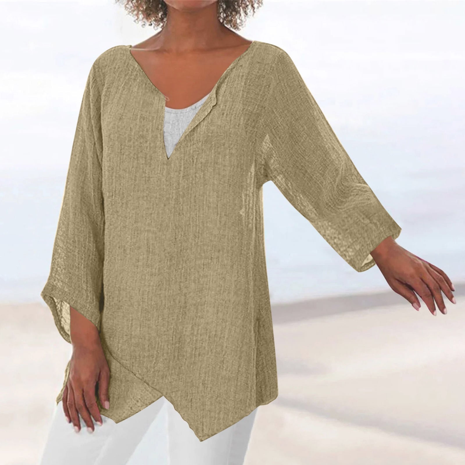 2025 New Fashion Plus Size Women's V-Neck Split Casual Loose Cotton ...