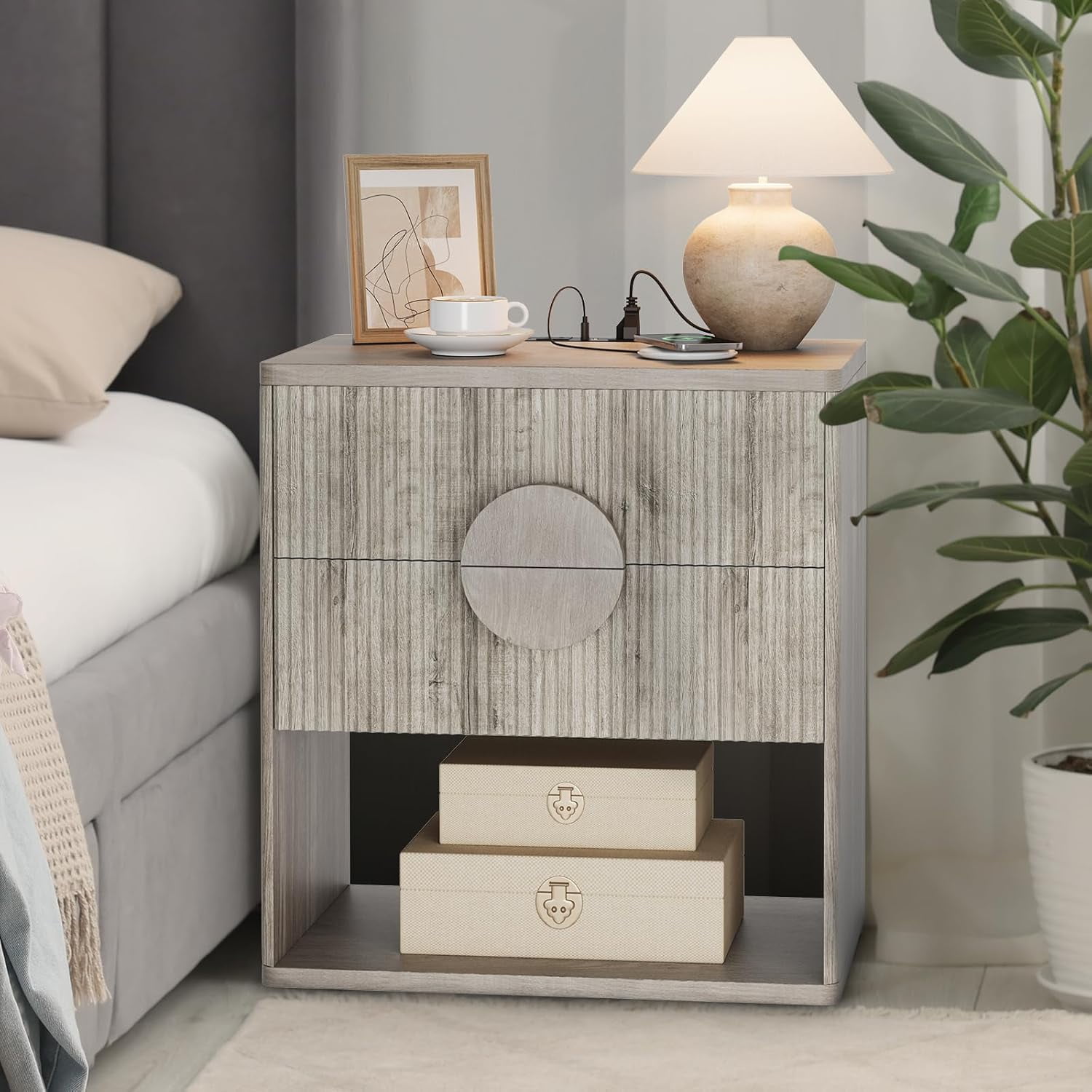 2025 New Fluted Nightstand with Charging Station, Wooden Bedside Table with 2 Drawers and Open ...