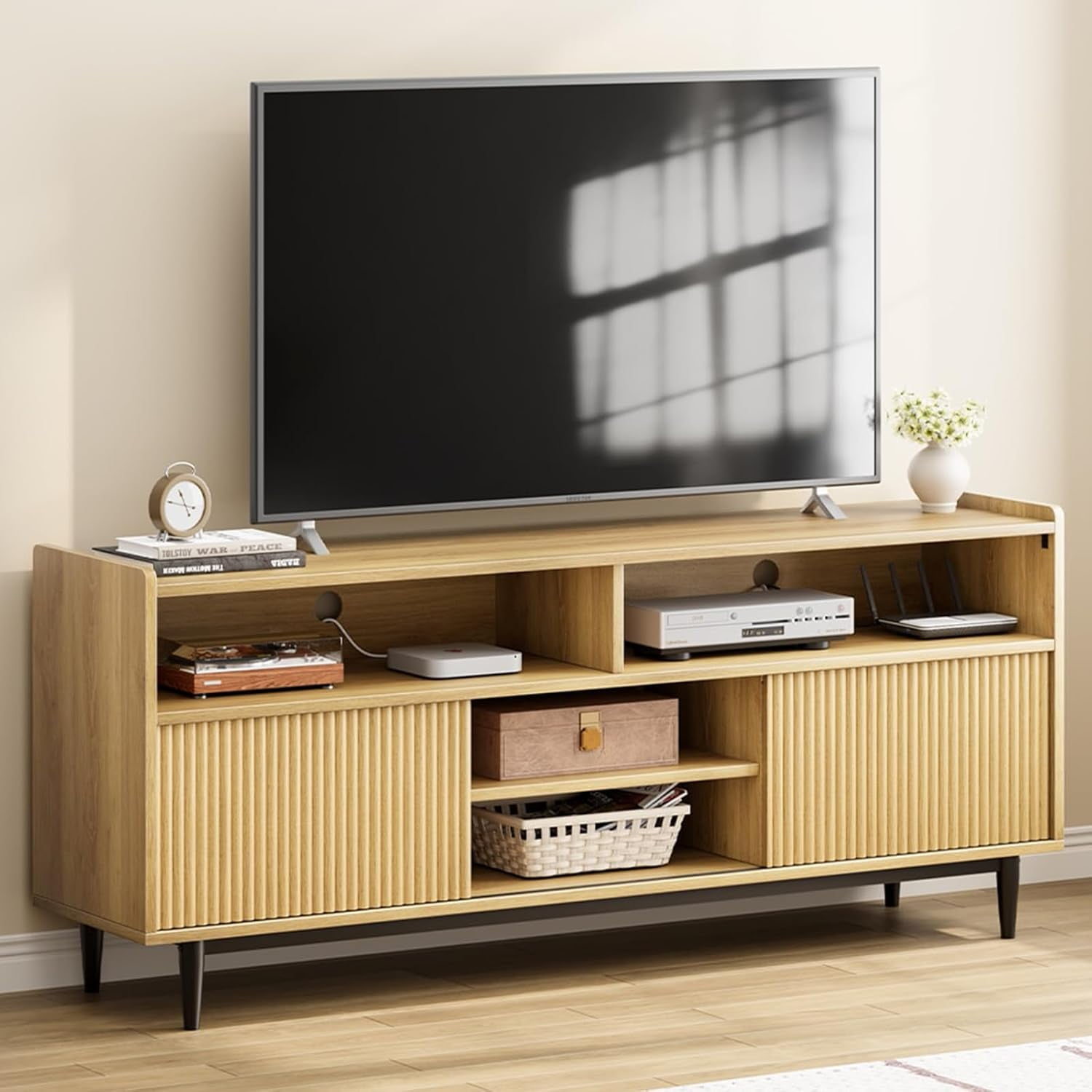 2025 New Fluted TV Stand for 70 inch TV, Natural Entertainment Center ...