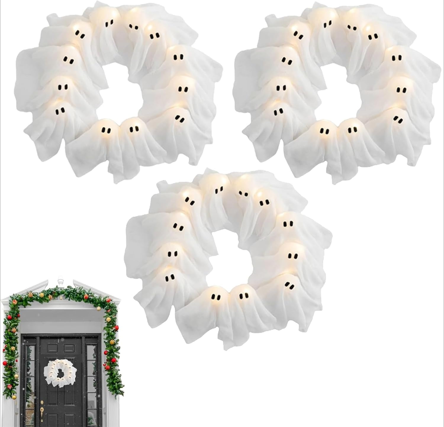 2025 New Lit Ghosts Wreath, Halloween DIY Ghost Wreath, 12 LED Light-Up ...