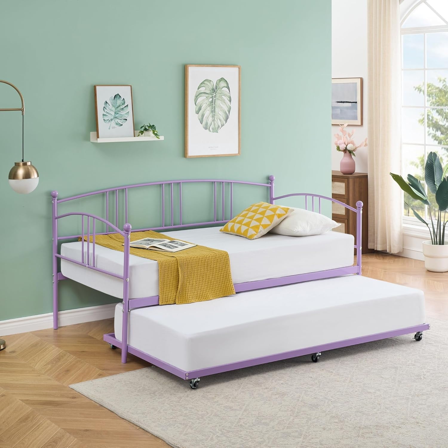 2025 New Metal Daybed with Trundle, Pullout Trundle Bed Frame with 6 Casters, Steel Slat Support ...