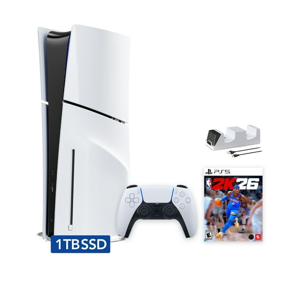 2025 New PlayStation 5 Slim Disc Edition NBA 2K26 Bundle and Mytrix Controller Charger - White ...