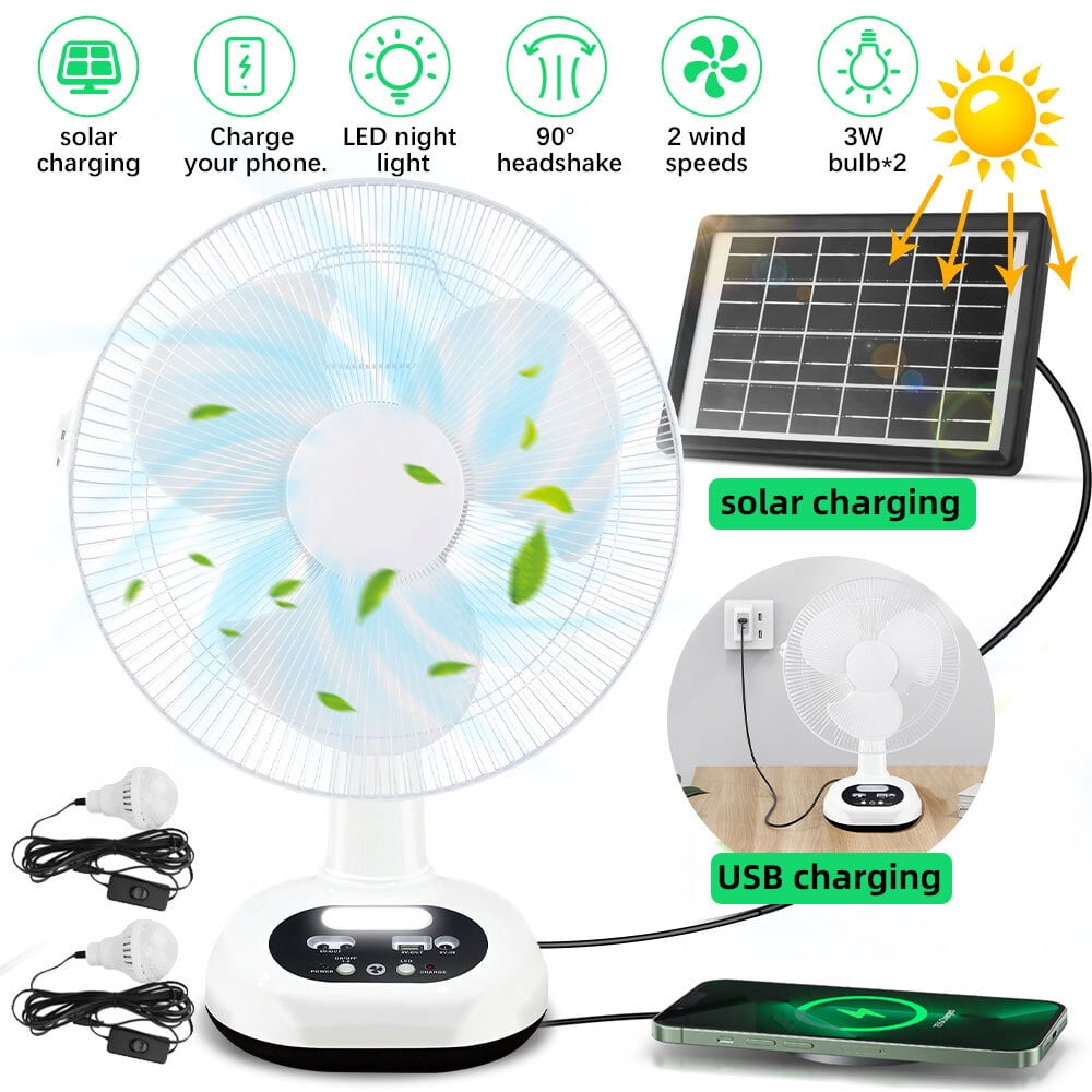 2025 New Rechargeable Fan With solar panel, USB port, LED light and 2 ...