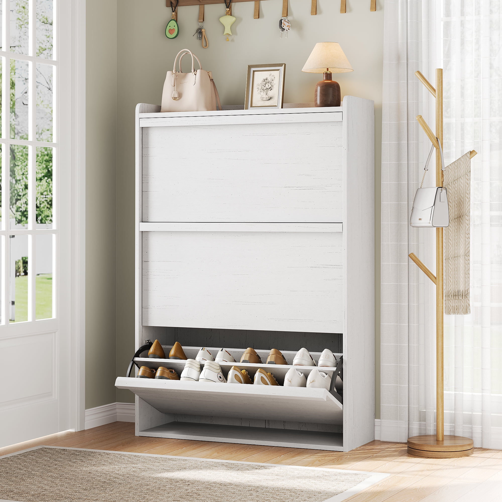 2025 New Shoe Cabinet with Flip Drawers, Wooden Shoe Organizer Cabinet ...