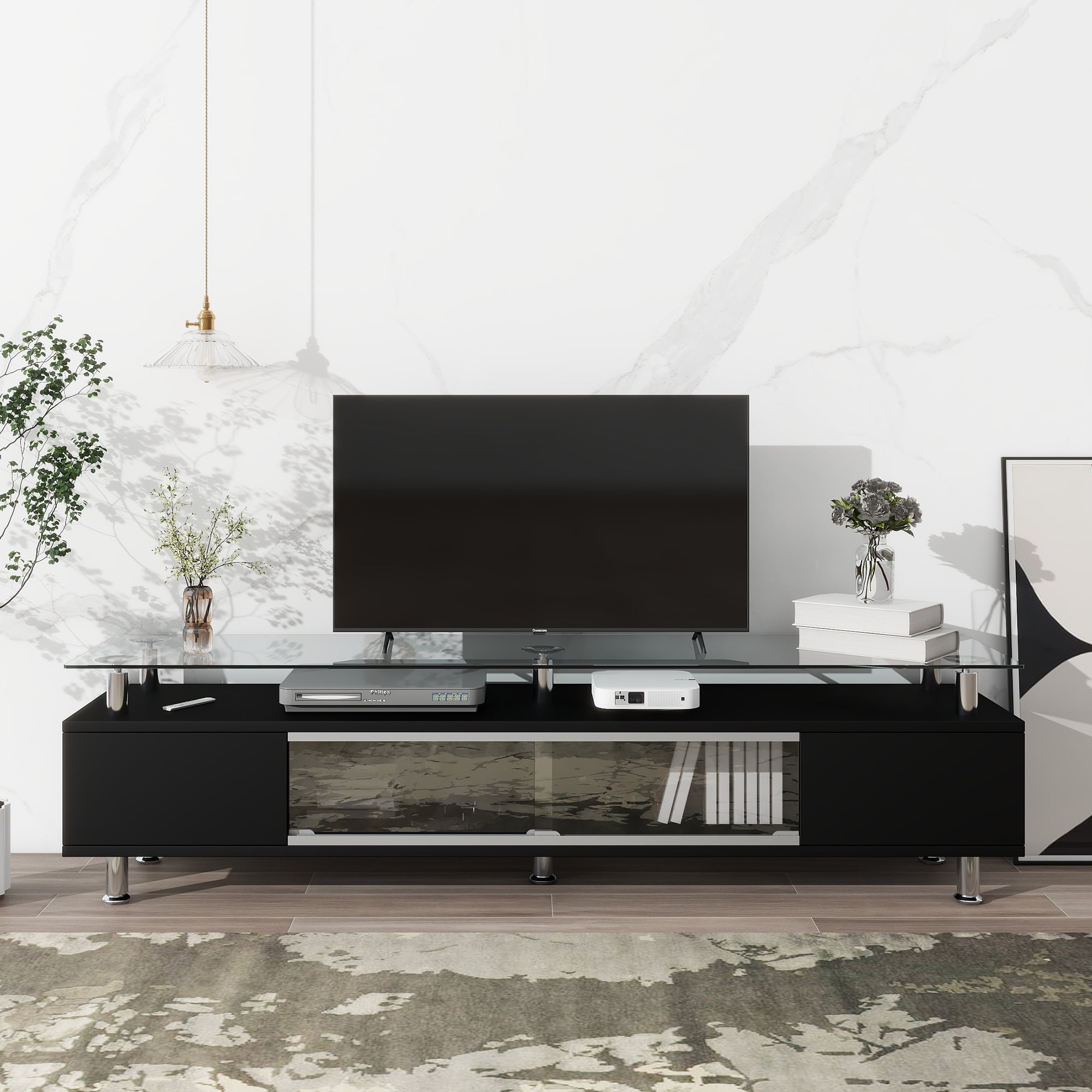 2025 New TV Stand with Open Shelves Storage Drawers Tempered Glass Top ...