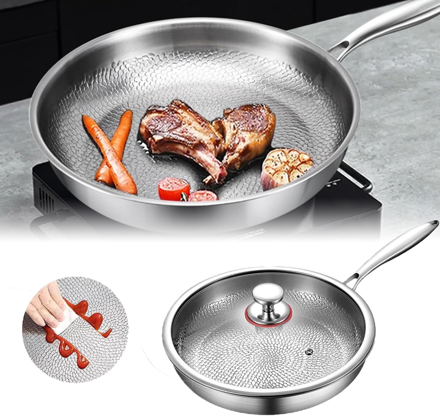 2025 New Titanium Hammered Pan Pro with Lid, Ultra - Durable Scratch - Resistant Non Stick, 100% ...