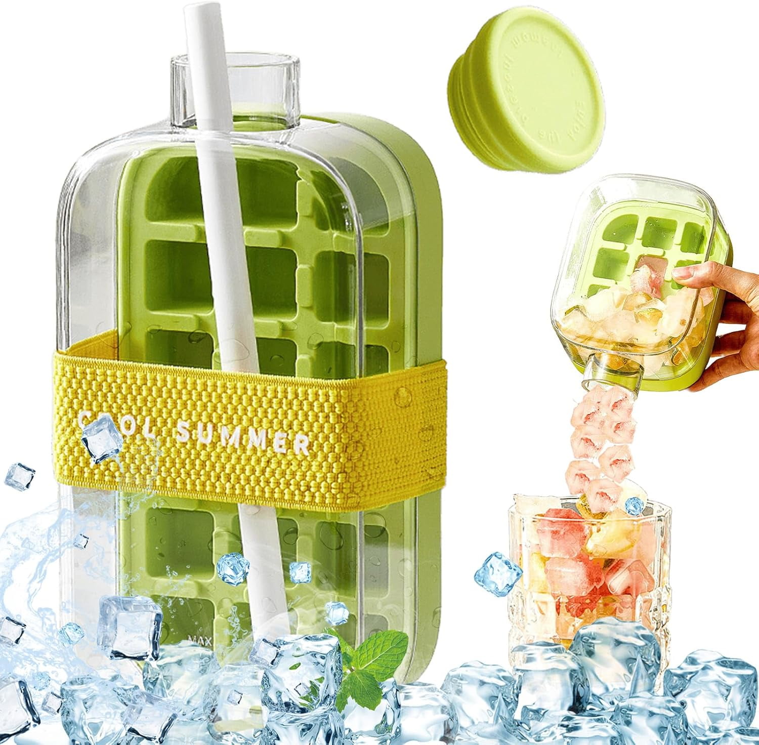 2025 New Trend Ice Cube Bottle, 2 in 1 Touch-Free Ice Cube Tray Water Bottle with Straw ...