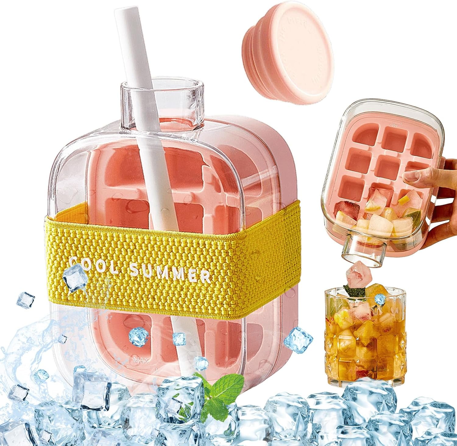 2025 New Trend Ice Cube Bottle, 2 in 1 Touch-Free Ice Cube Tray Water ...