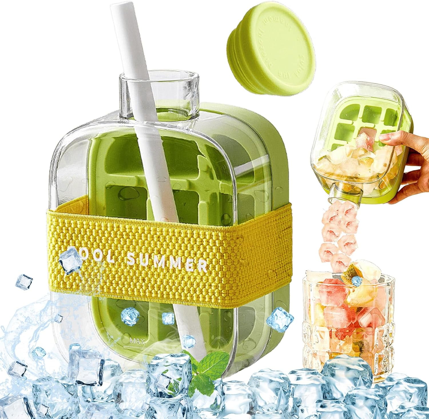 2025 New Trend Ice Cube Bottle, 2 in 1 Touch-Free Ice Cube Tray Water ...