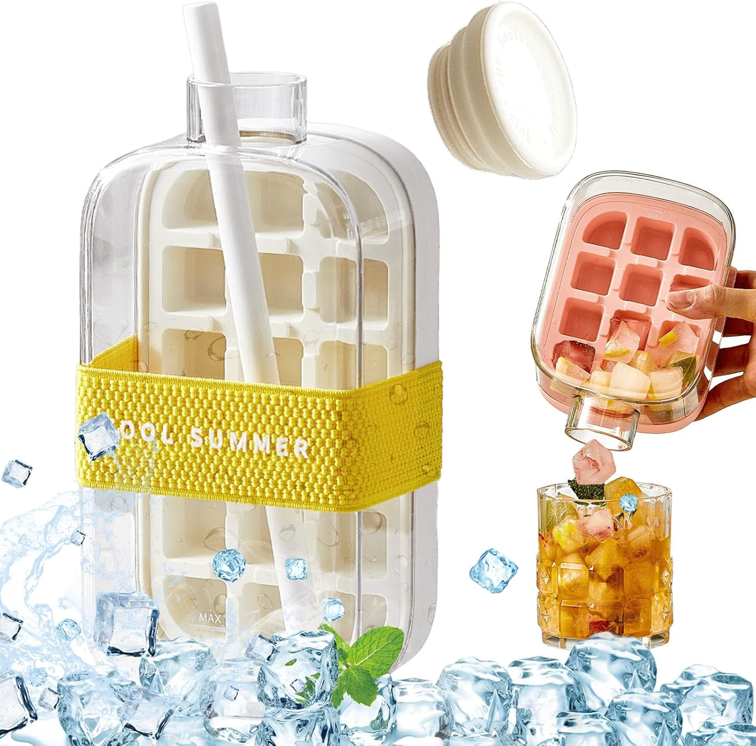 2025 New Trend Ice Cube Bottle, 2 in 1 Touch-Free Ice Cube Tray Water Bottle with Straw ...