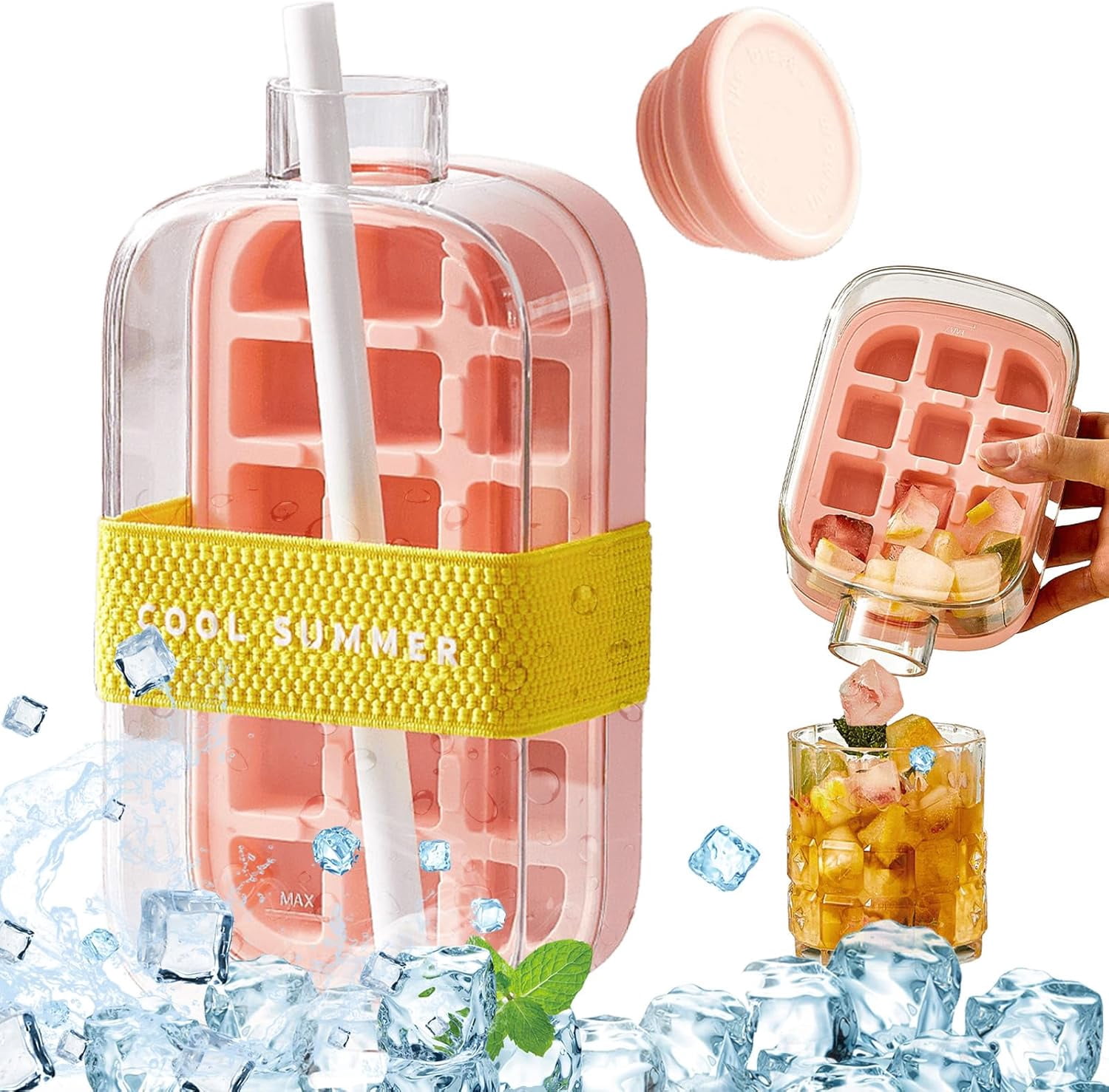 2025 New Trend Ice Cube Bottle, 2 in 1 Touch-Free Ice Cube Tray Water ...