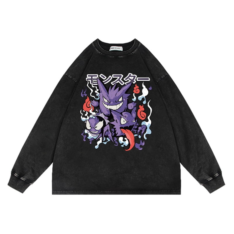 2025 New Washed Distressed Retro Crew Neck Sweatshirt, Gengar Anime ...