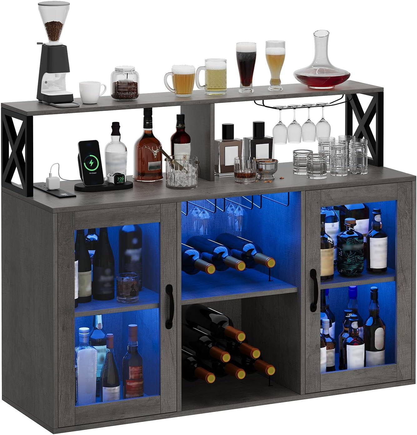 2025 New Wine Bar Cabinet with LED Light,with Power Outlets and Glass ...