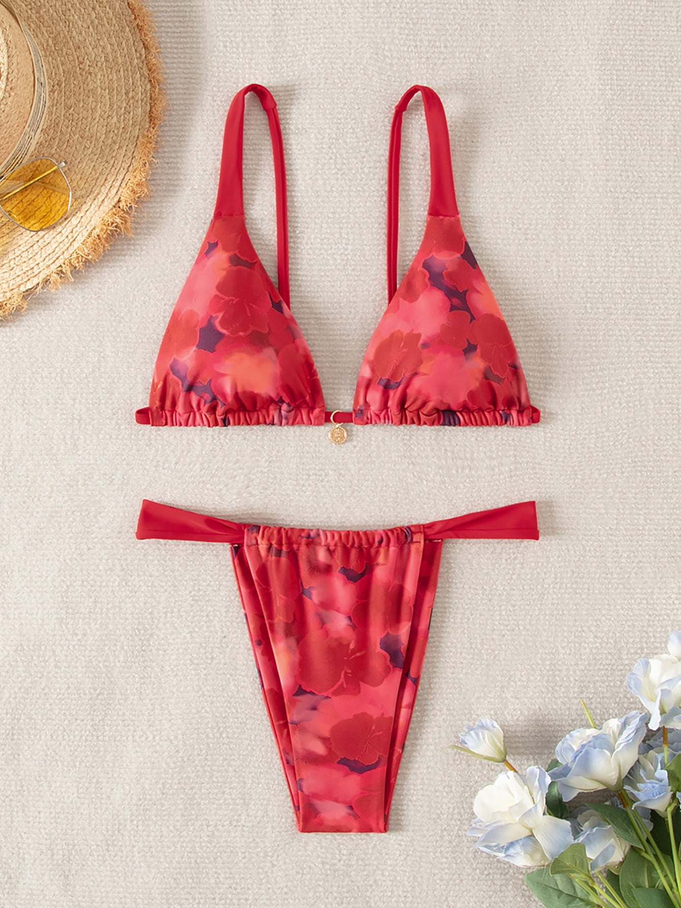 2025 New Women's High Waisted Bikini Set Floral Print Spaghetti Strap ...
