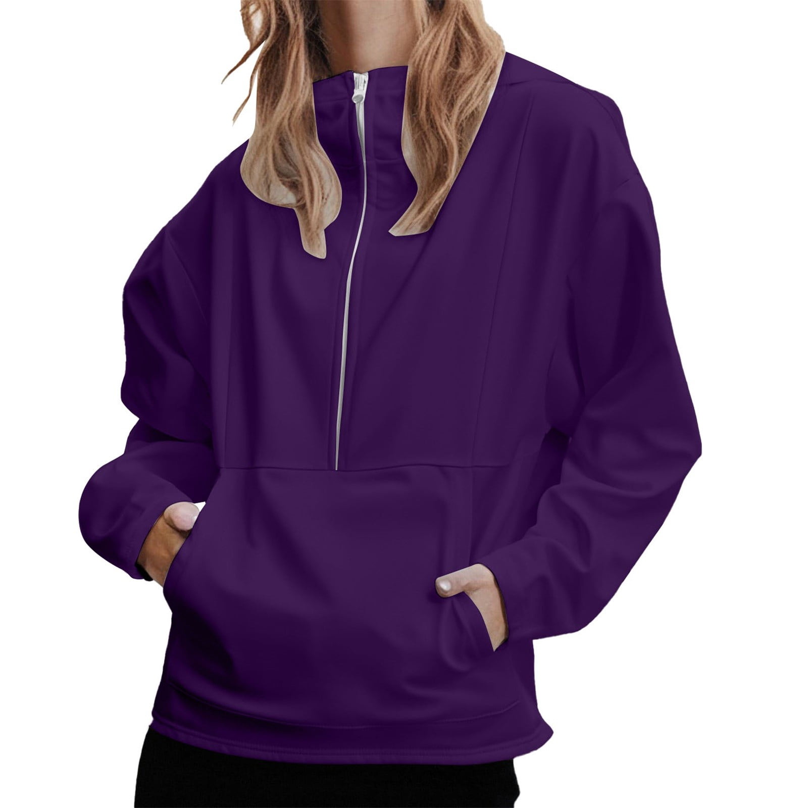 2025 New Women's Solid Color Half Zip Up Fleece Hooded Sweatshirt, Long ...