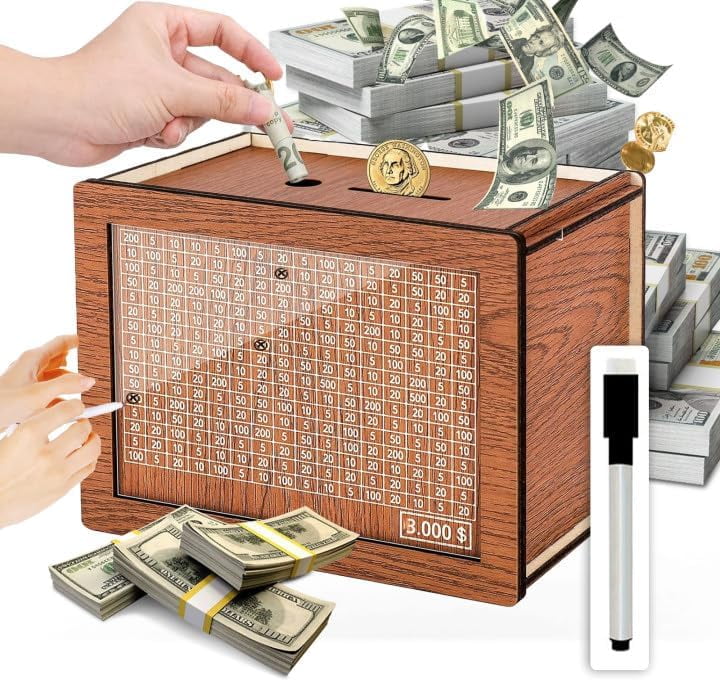 2025 New Wooden Money Saving Challenge Box, Cash Vault Wooden Savings ...