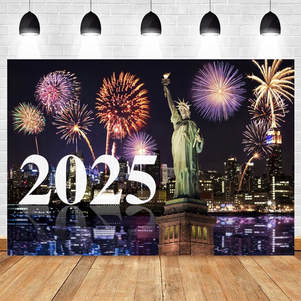 2025 New Year Backdrop Glitter Firework Balloons Clock Champagne Wine ...