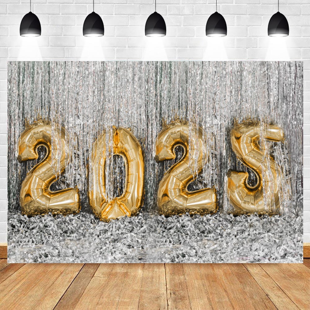 2025 New Year Backdrop Glitter Firework Balloons Clock Champagne Wine ...