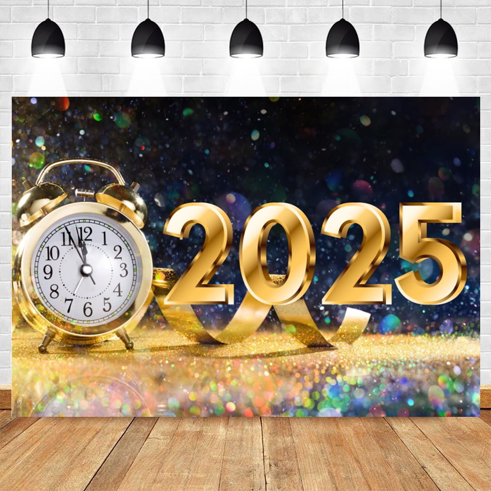 2025 New Year Backdrop Glitter Firework Balloons Clock Champagne Wine ...
