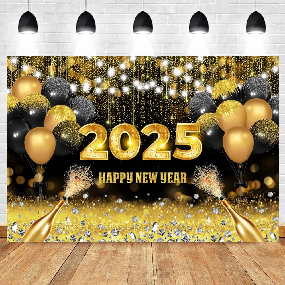 2025 New Year Backdrop Glitter Firework Balloons Clock Champagne Wine ...