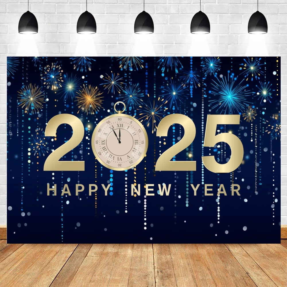 2025 New Year Backdrop Glitter Firework Balloons Clock Champagne Wine ...