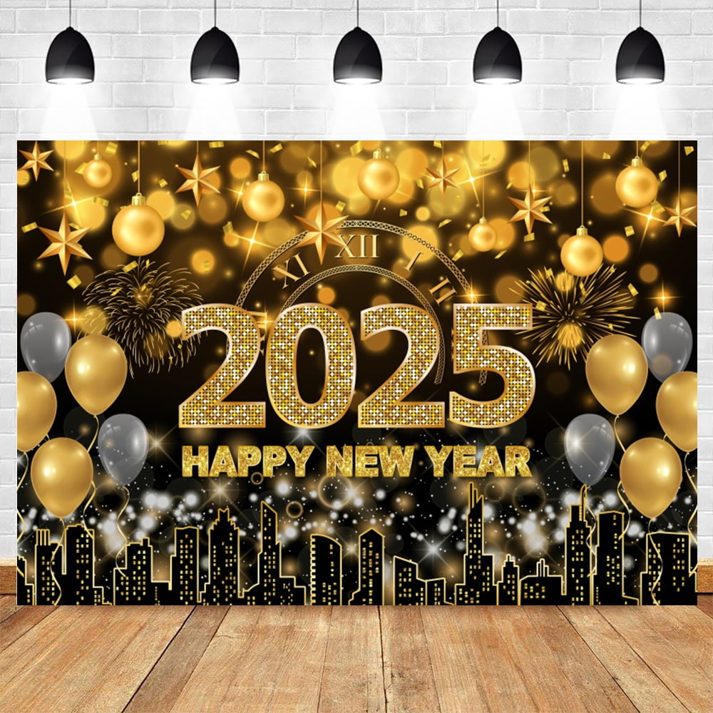 2025 New Year Backdrop Glitter Firework Balloons Clock Champagne Wine ...
