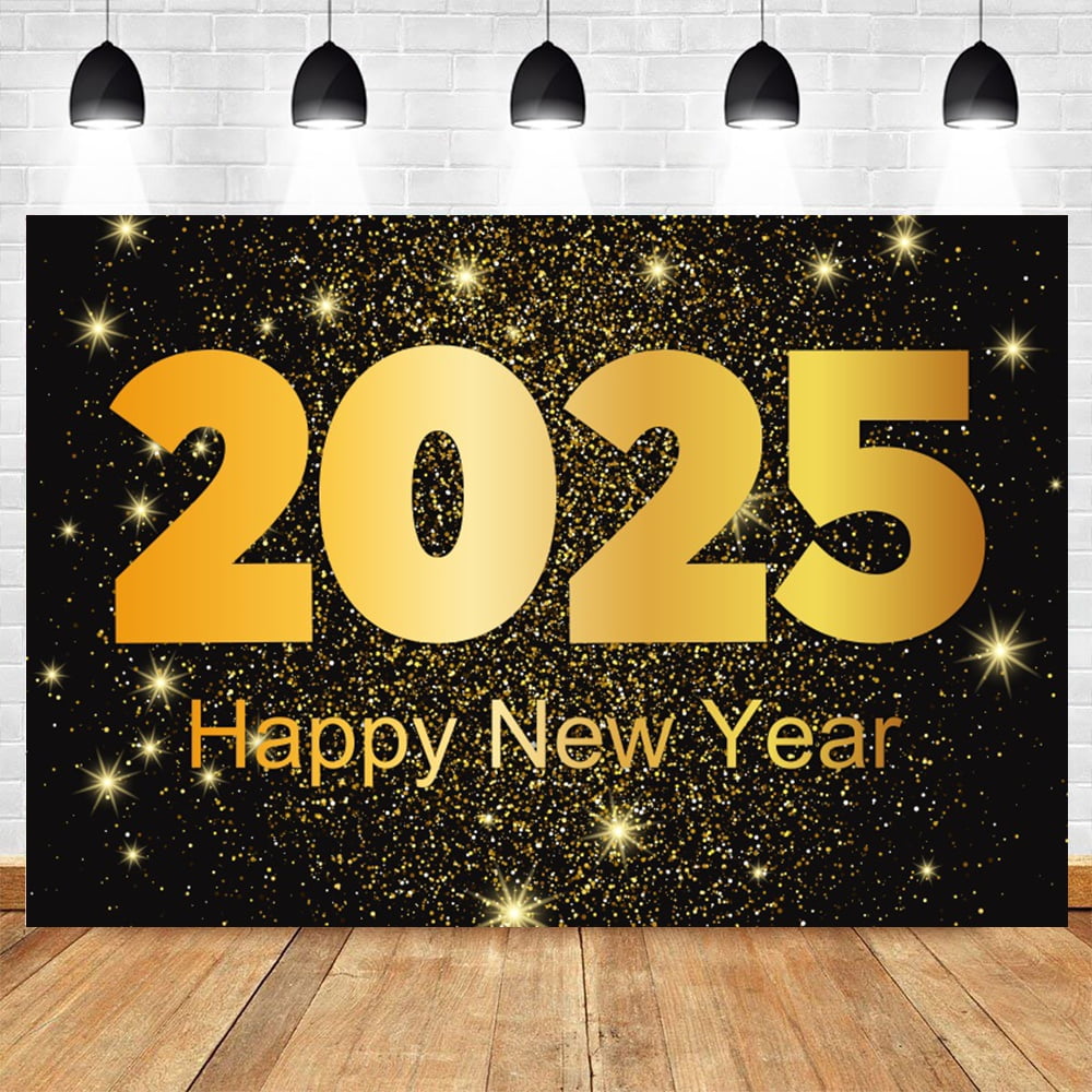 2025 New Year Backdrop Glitter Firework Balloons Clock Champagne Wine ...