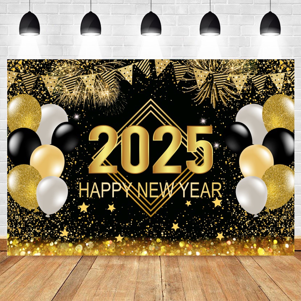 2025 New Year Backdrop Glitter Firework Balloons Clock Champagne Wine ...