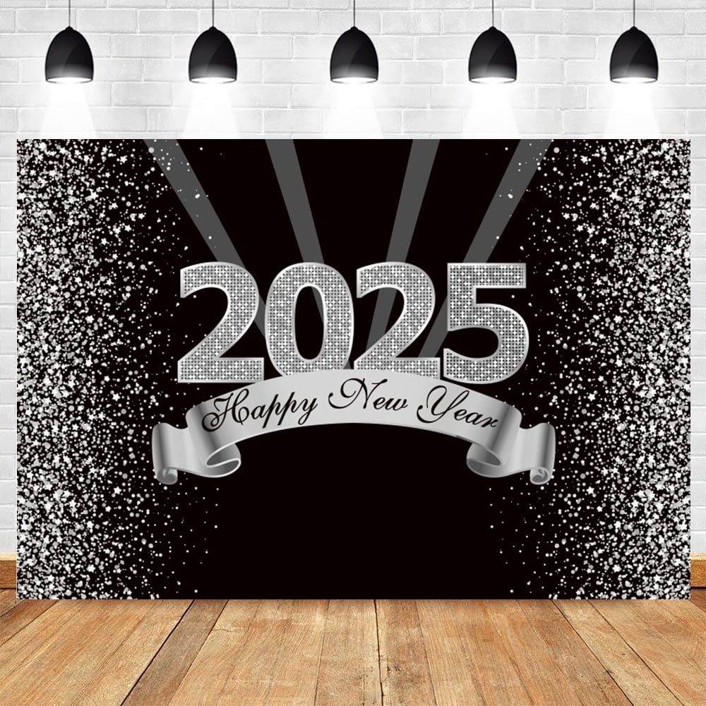 2025 New Year Backdrop Glitter Firework Balloons Clock Champagne Wine ...