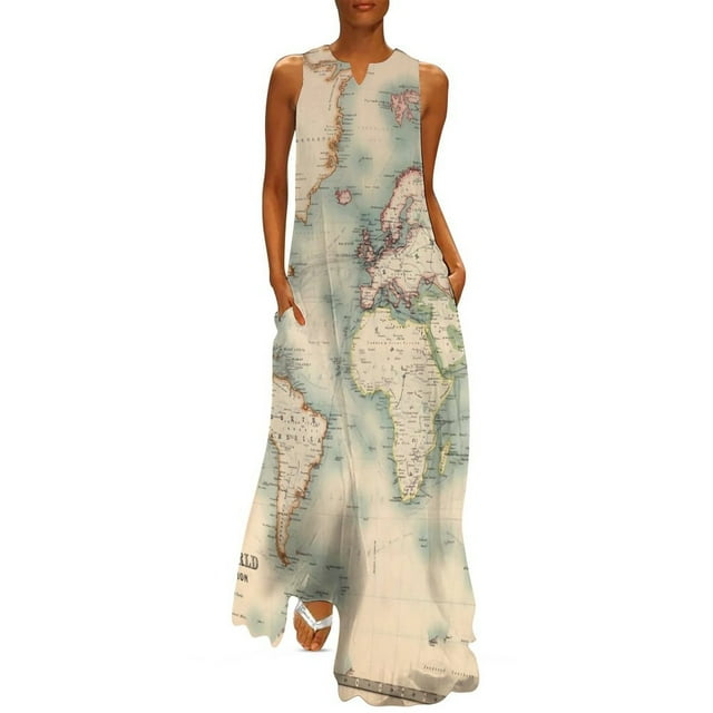 2025 Old World Map Dress Summer Antique Map Street Wear Bohemia Long ...