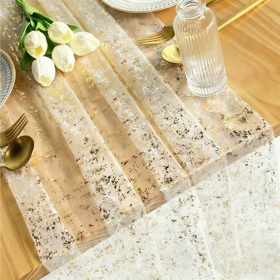 2025 Party Decorations, Gold-Embossed Chiffon Golden Glittering Tablecloth, Gold Foil Tulle Mesh ...