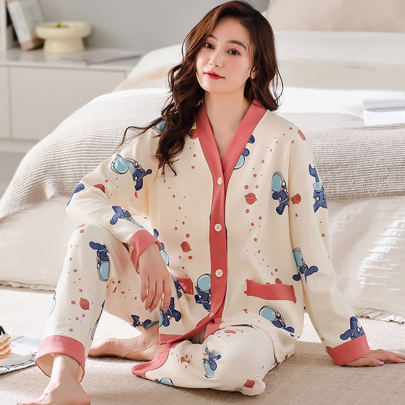 2025 Peach Green Pajamas Sets Women Long Sleeves Long Pants Autumn ...