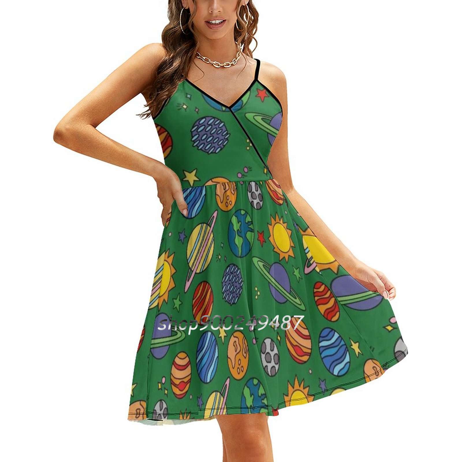 2025 Planet Print | Space | Earth | Astronomy | Science | Green Sweet Elegant Dress Women Korean ...