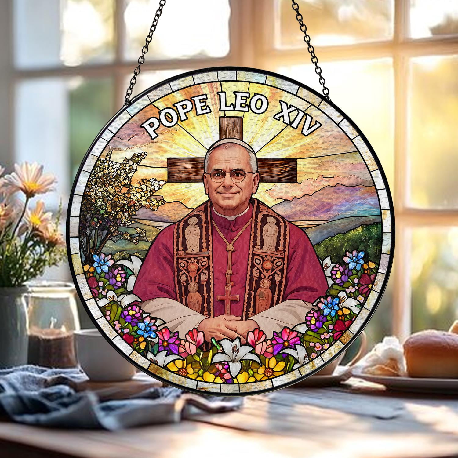 2025 Pope Leo XIV American Pope Stained Glass Suncatcher, Catholic ...