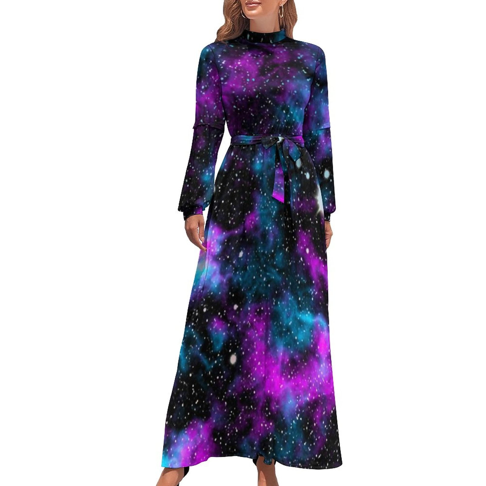 2025 Purple Galaxy Dress Outer Space Nebula Stars Long Sleeve Vintage ...