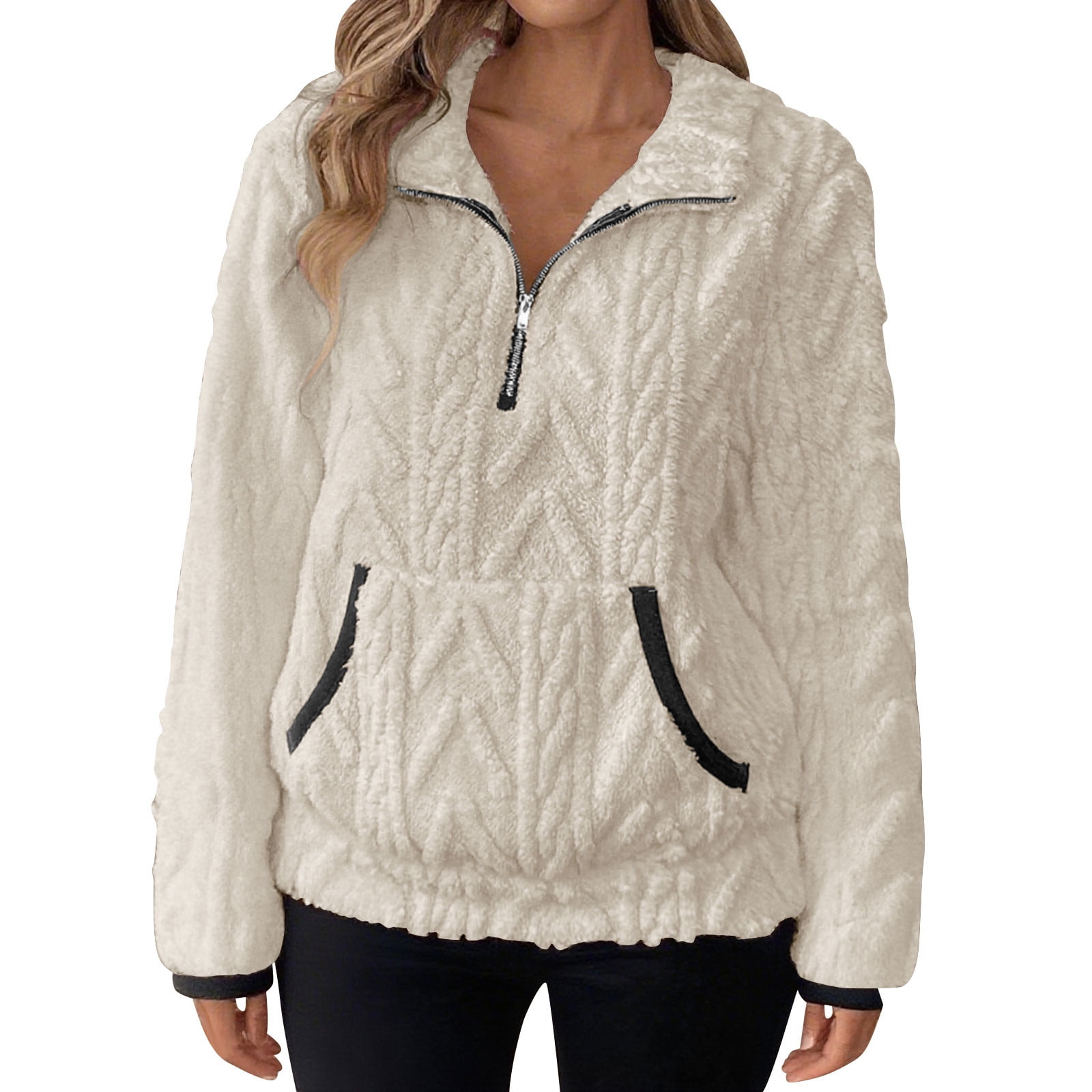 2025 Quarter Zip Pullover Women Cable Fuzzy Fleece Pullover Sherpa Fall ...