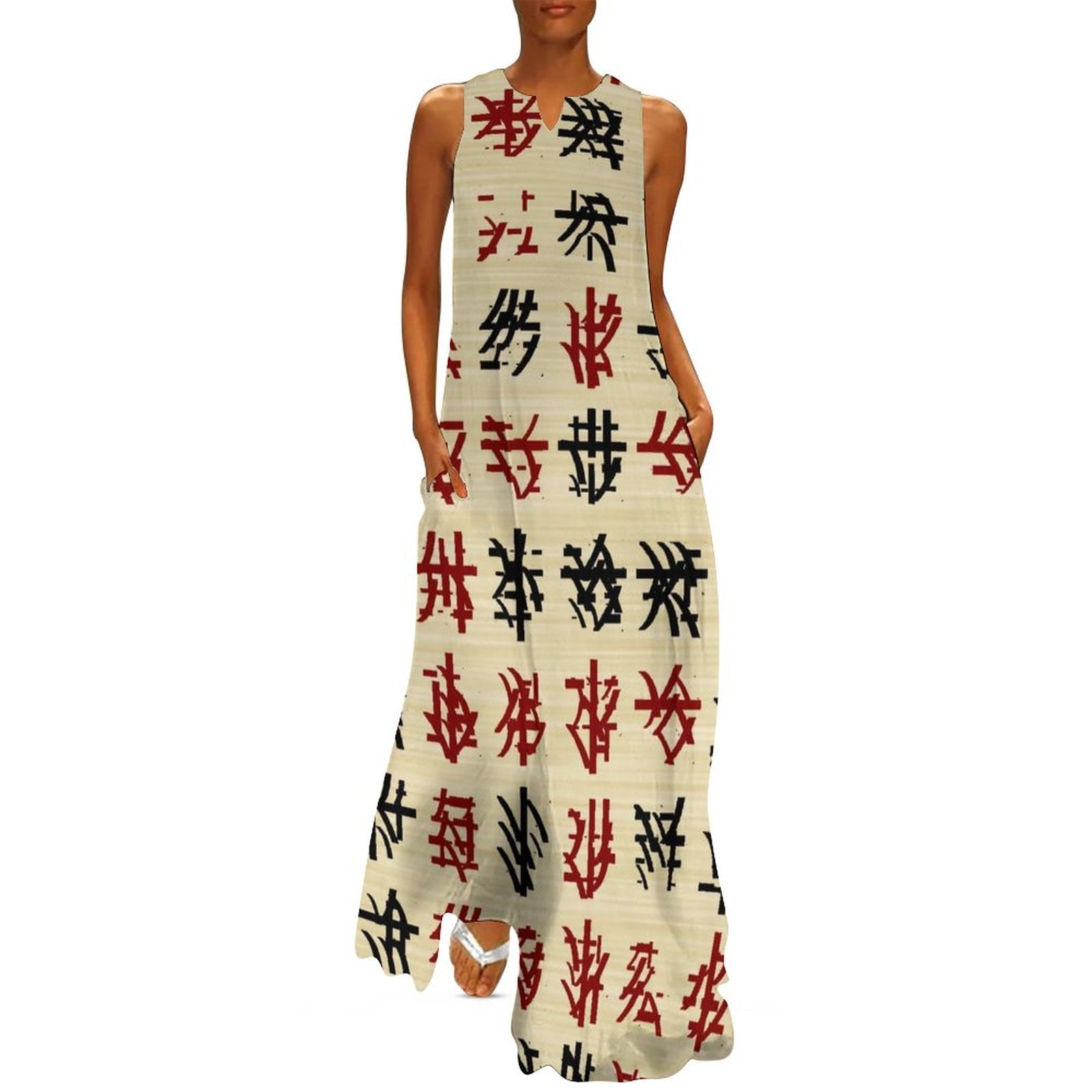 2025 Retro Letter Print Dress Egyptian Hieroglyphs Vintage Maxi Dress ...
