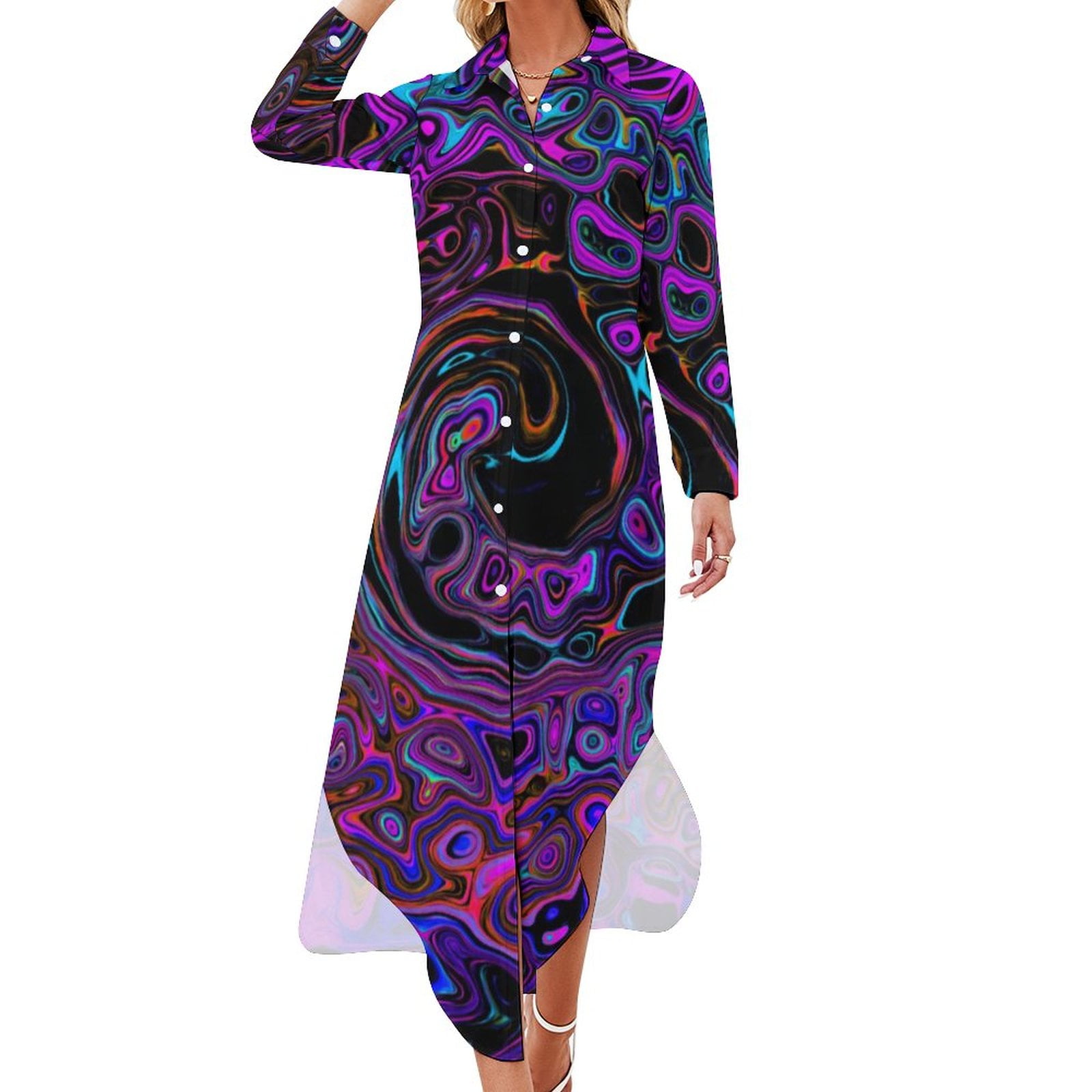 2025 Retro Liquid Casual Dress Blue Abstract Print Street Fashion ...