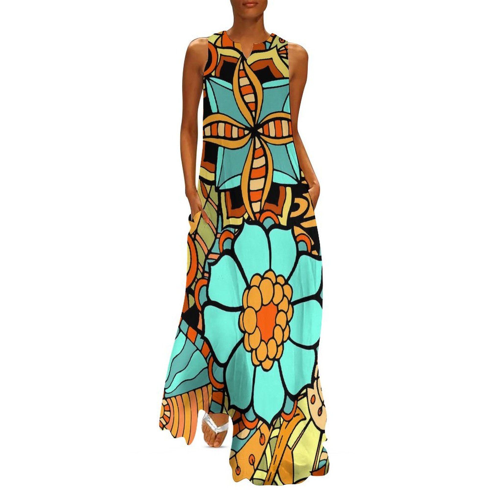 2025 Retro Vintage Ethnic Dress Abstract Art Cute Maxi Dress Sleeveless ...