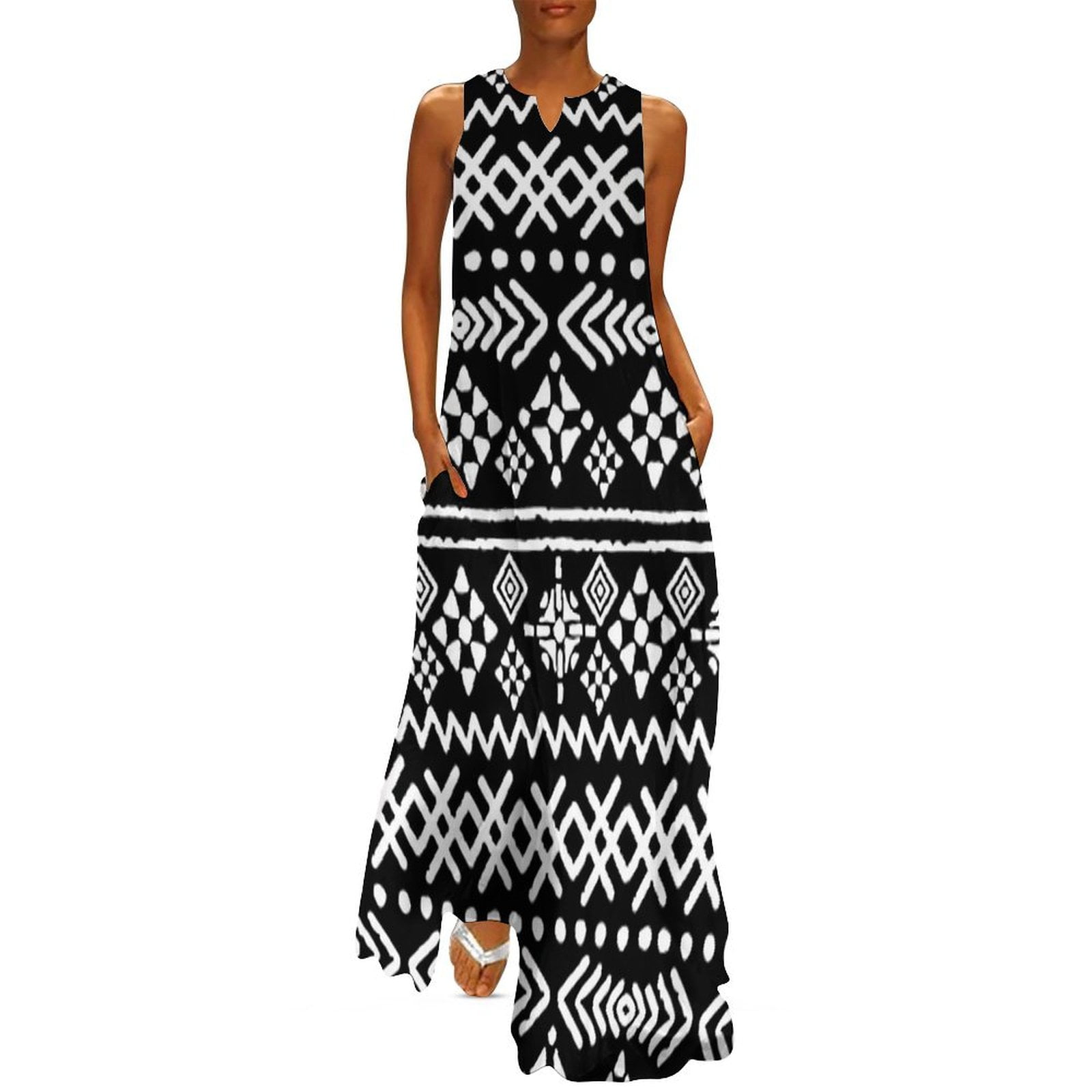 2025 Retro Vintage Ethnic Dress Abstract Art Cute Maxi Dress Sleeveless ...