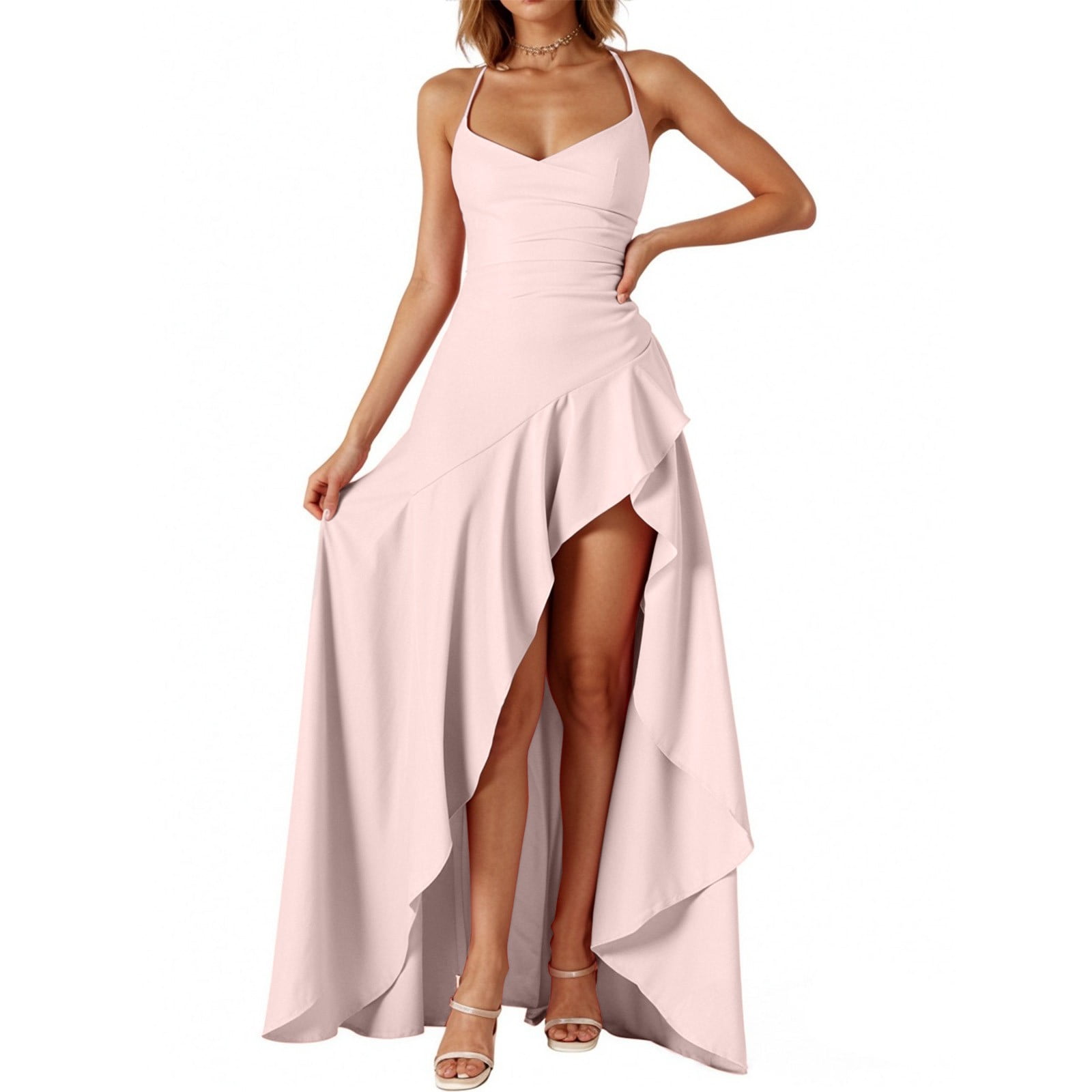 2025 Ruffle Prom Dress with Slit Sexy Spaghetti Strap High-Low Satin ...