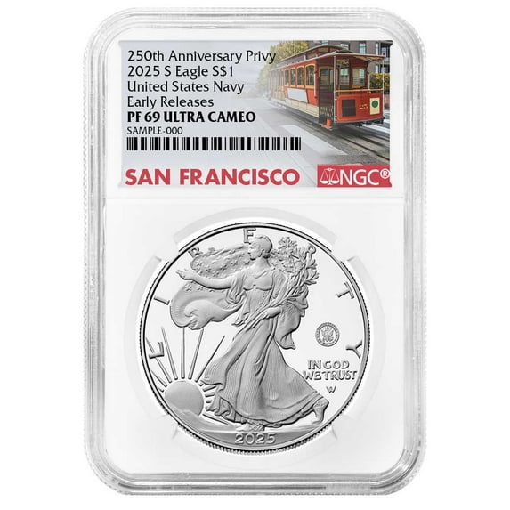 2025-S Proof $1 American Silver Eagle Navy Privy NGC PF69UC ER Trolley ...