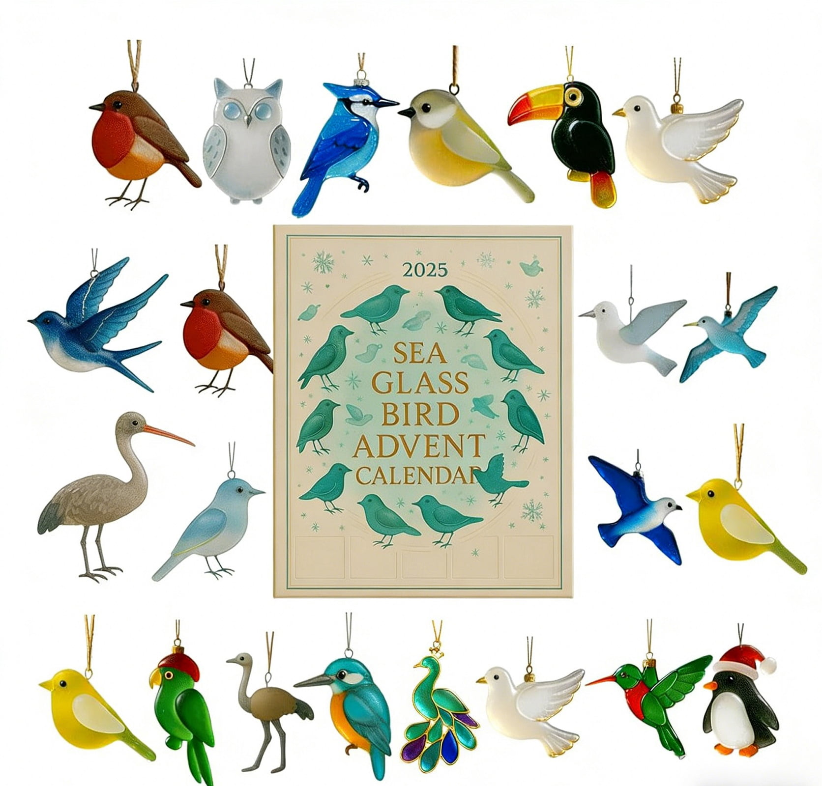 2025 Sea Glass Bird Advent Calendar 24 Days Holiday Themed Ornament ...