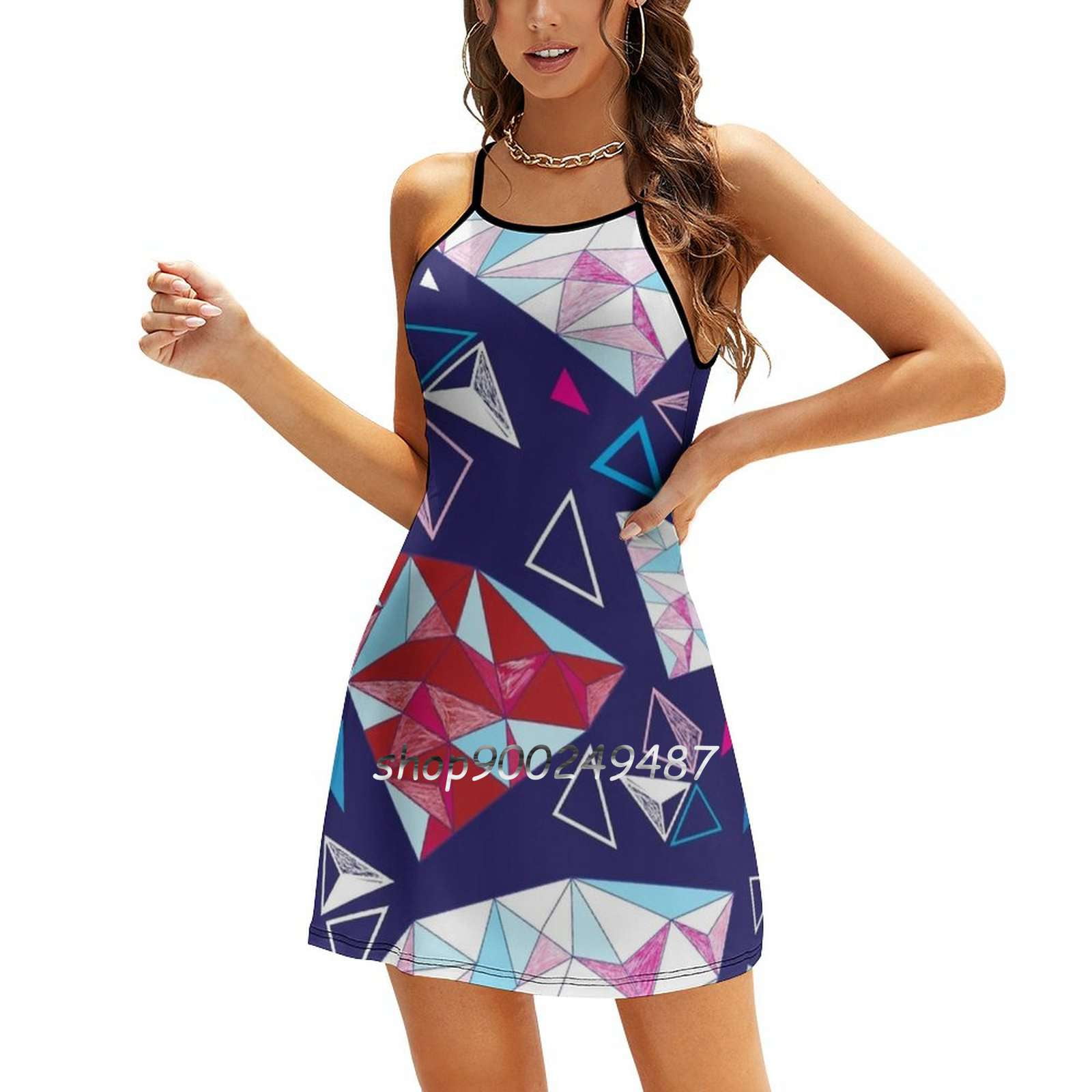 2025 Seamless Geometric Pattern Of Triangles Square Neck Dress Sweet Summer Dress Women Elegant ...