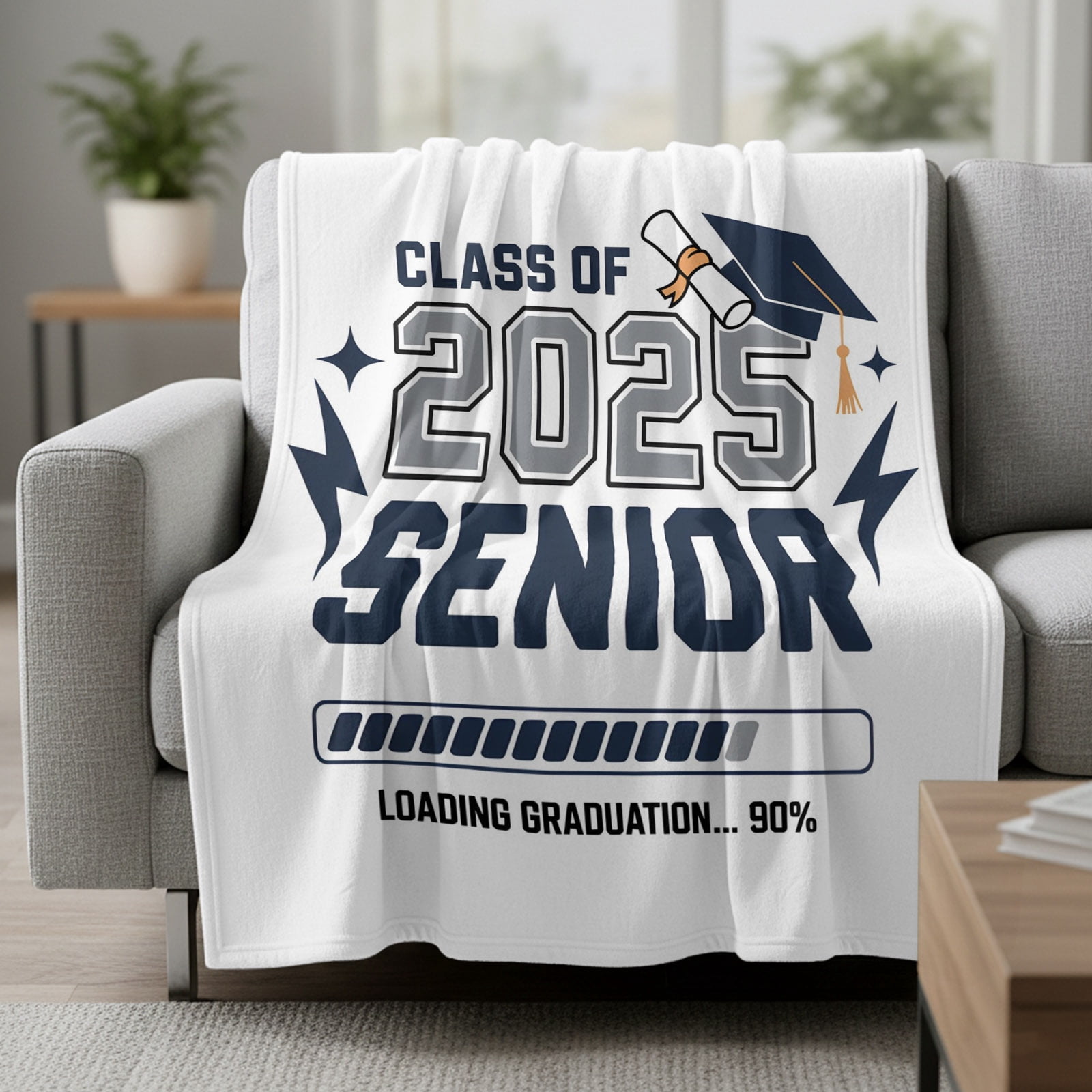 2025 Senior Fleece Throw Blanket Graduation Season Navy Hat Celebration ...