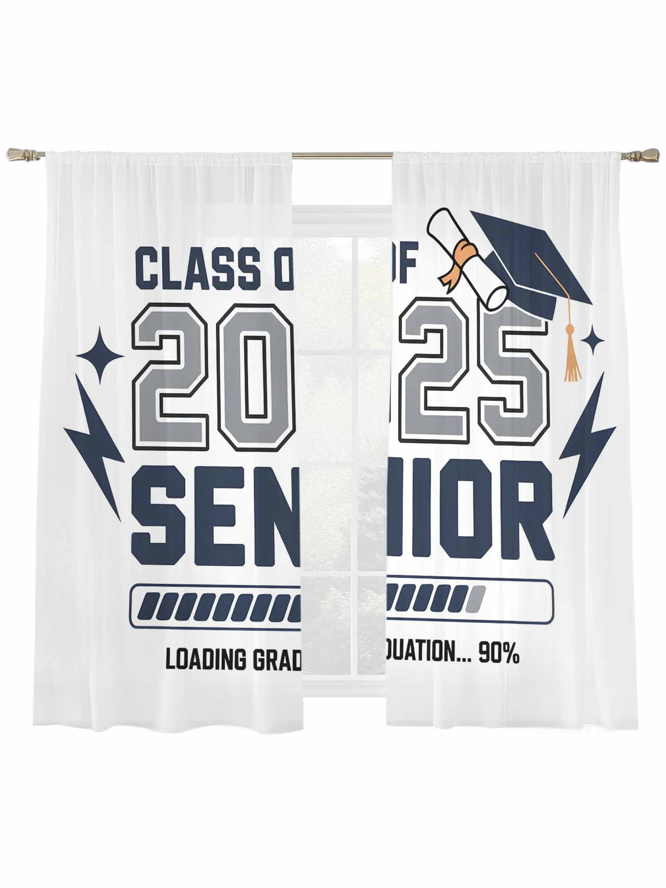 2025 Senior Sheer Curtains 2 Panels Set Graduation Season Navy Hat ...