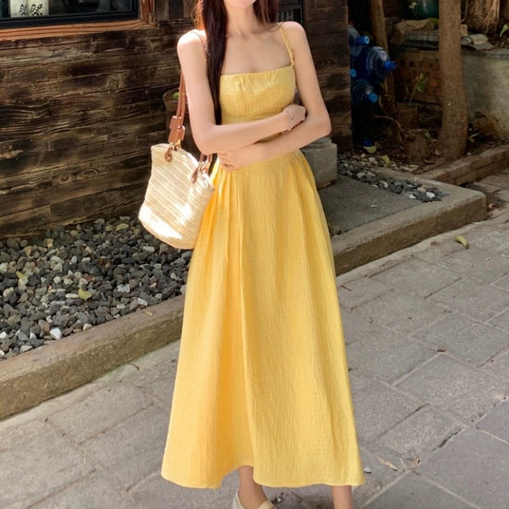 2025 Small Solid Yellow Suspender Dress Female Summer Waist Holiday ...