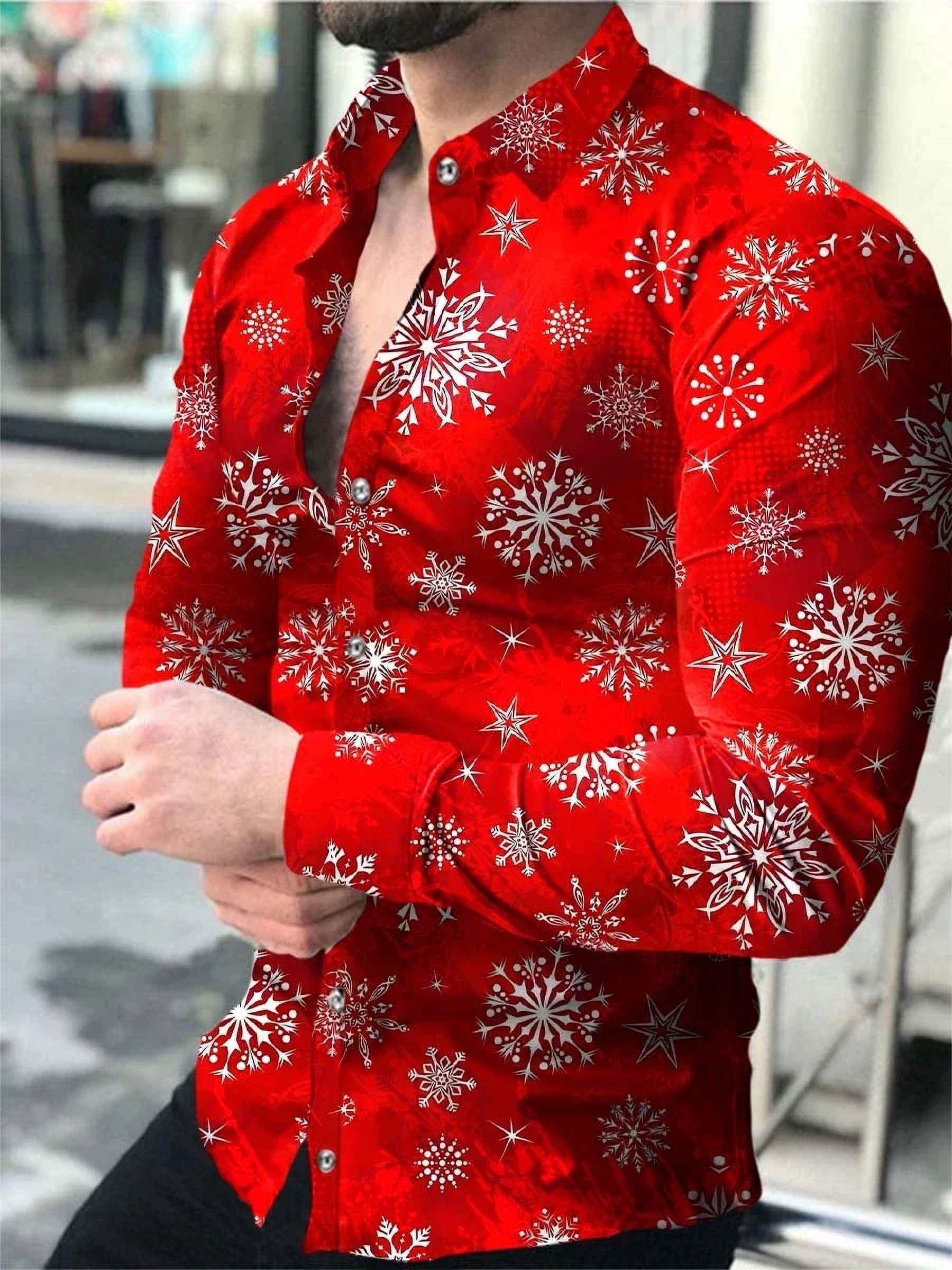 2025 Snowflake Men's Shirt Lapel Button Long Sleeve Red Claus Plaid ...
