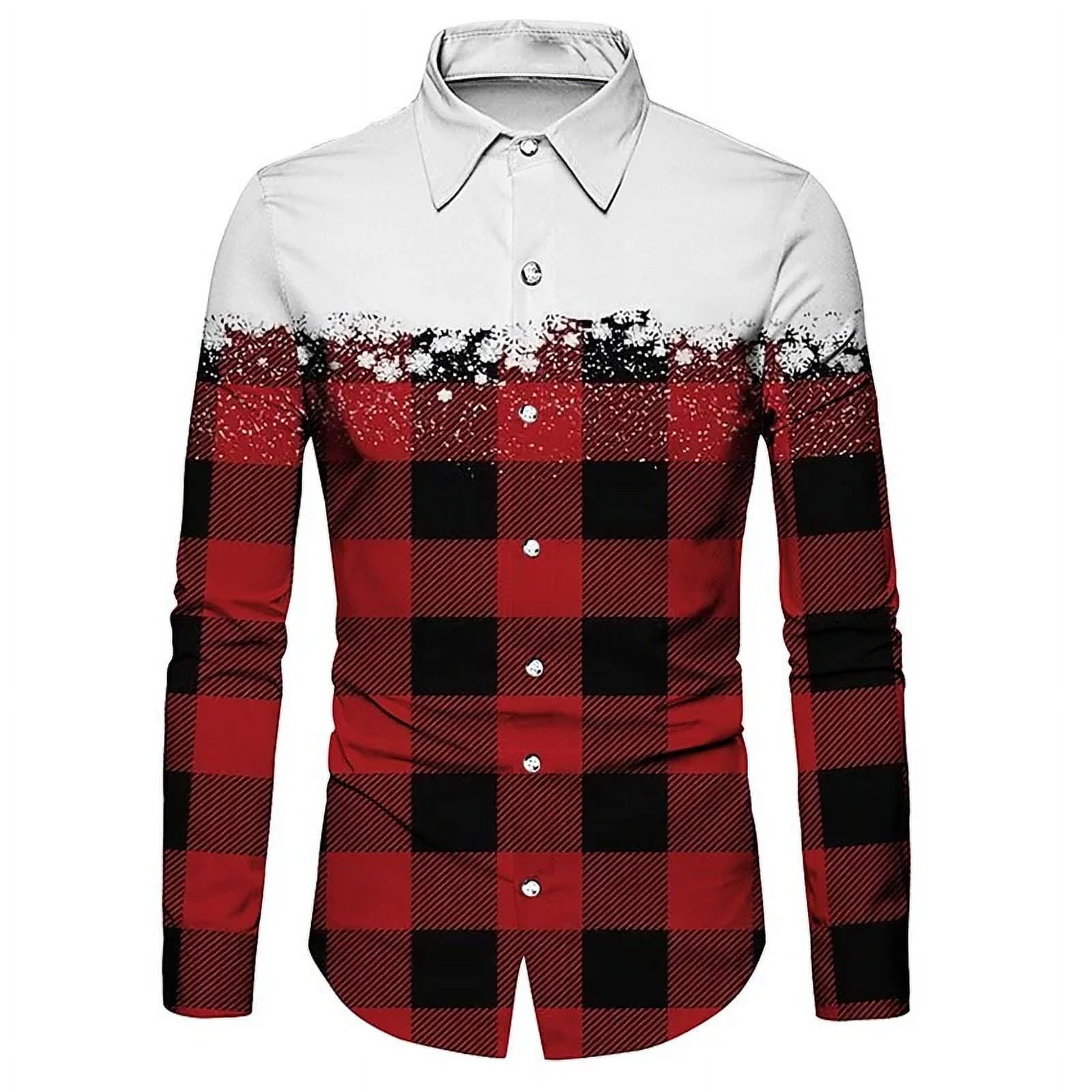 2025 Snowflake Men's Shirt Lapel Button Long Sleeve Red Claus Plaid ...